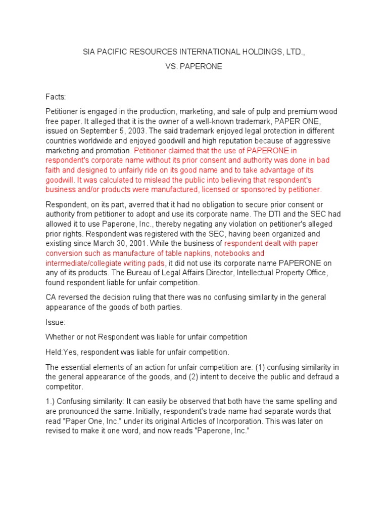 ASIA PACIFIC RESOURCES INTERNATIONAL HOLDINGS vs. Paperone | PDF ...