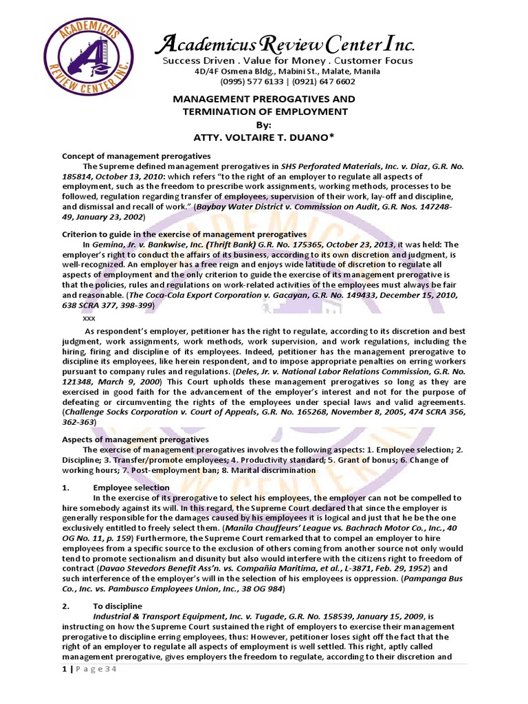 Management Prerogatives & Termination of Employment | PDF | Civil ...