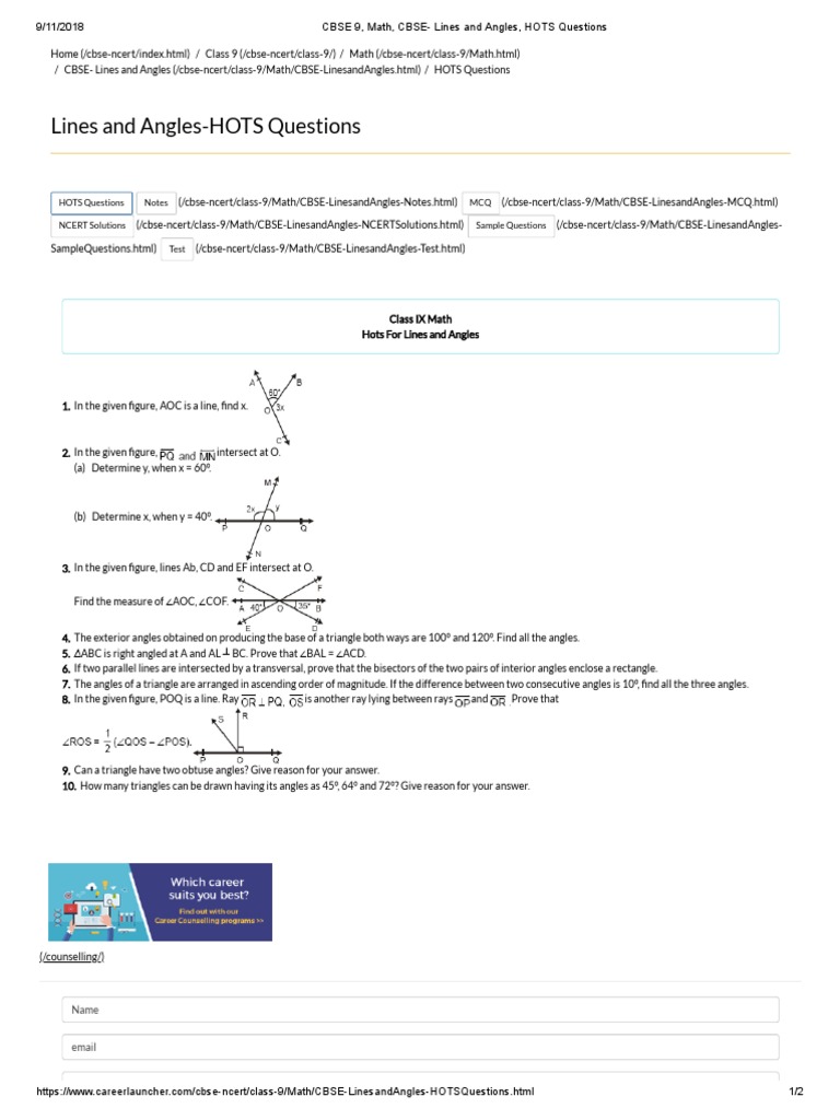 CBSE 9, Math, CBSE - Lines and Angles, HOTS Questions | PDF | Angle ...