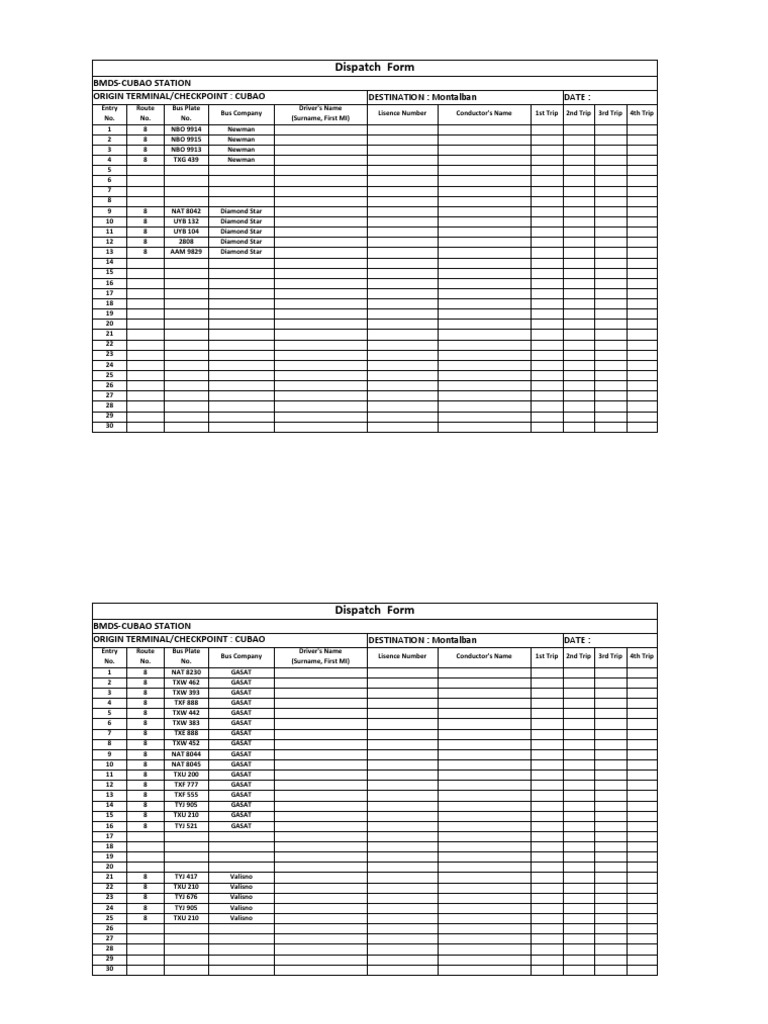 Bus Route Dispatch from Cubao Station to Montalban on [Date] | PDF