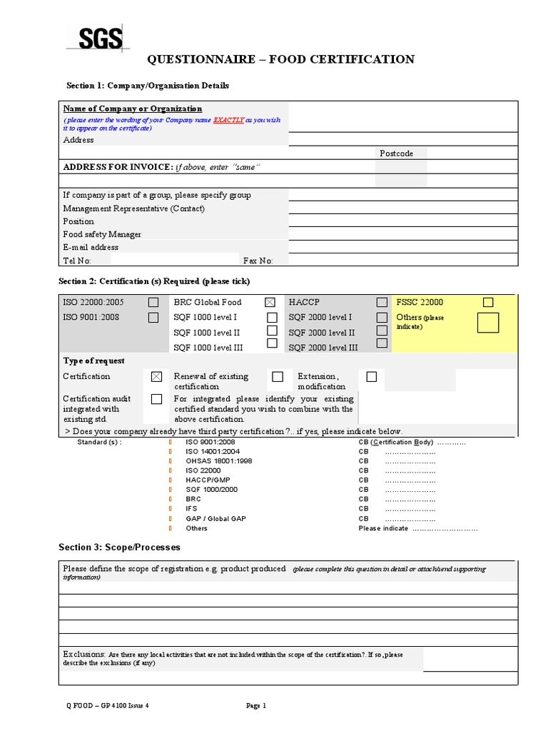Questionnaire - Food Certification: Section 1: Company/Organisation ...