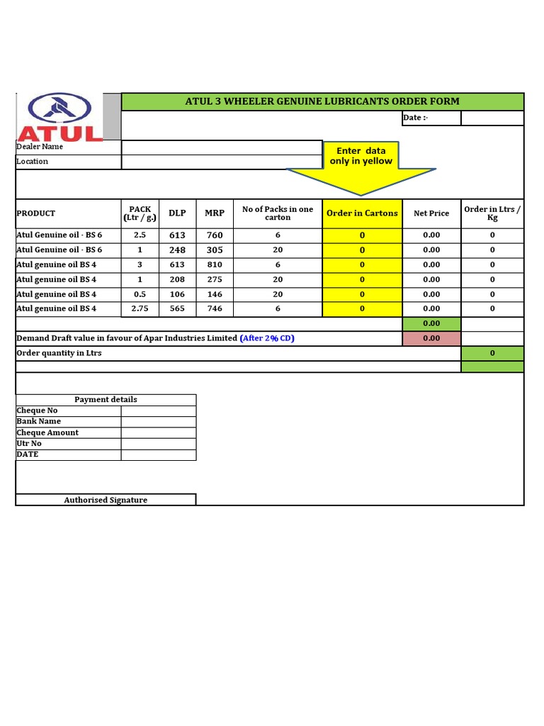 Atul Lubricants Order Form | PDF
