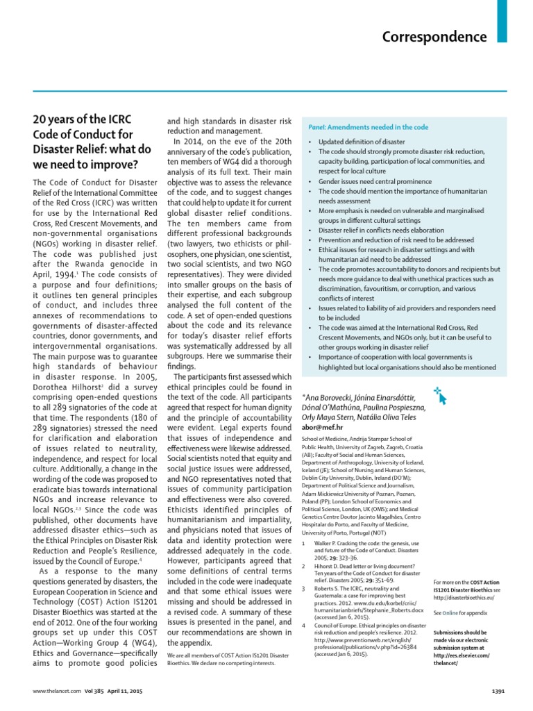 20 Years of The ICRC Code of Conduct For Disaster Relief: What Do We ...