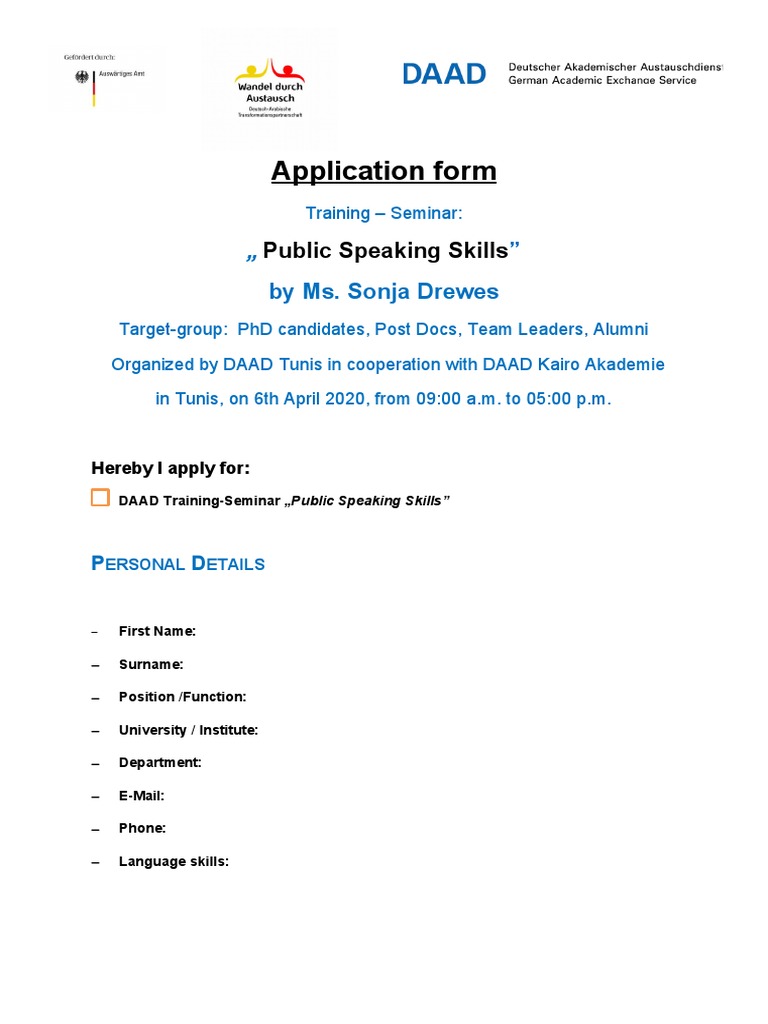Application Form: Public Speaking Skills | PDF