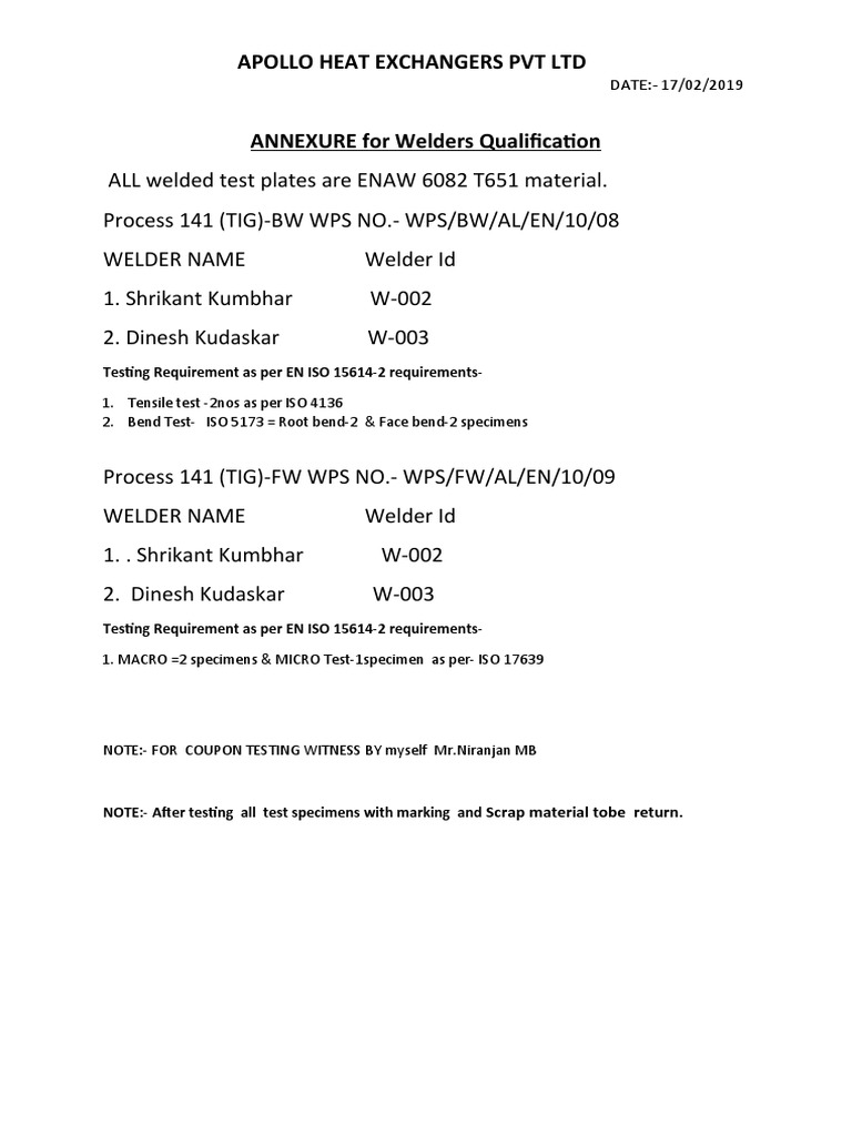 Apollo Heat Exchangers PVT LTD: Testing Requirement As Per EN ISO 15614 ...