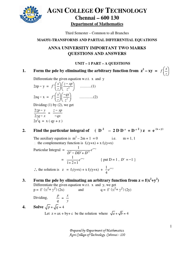 Ma6351-Tpde - Anna University Important Two Marks | PDF | Partial ...