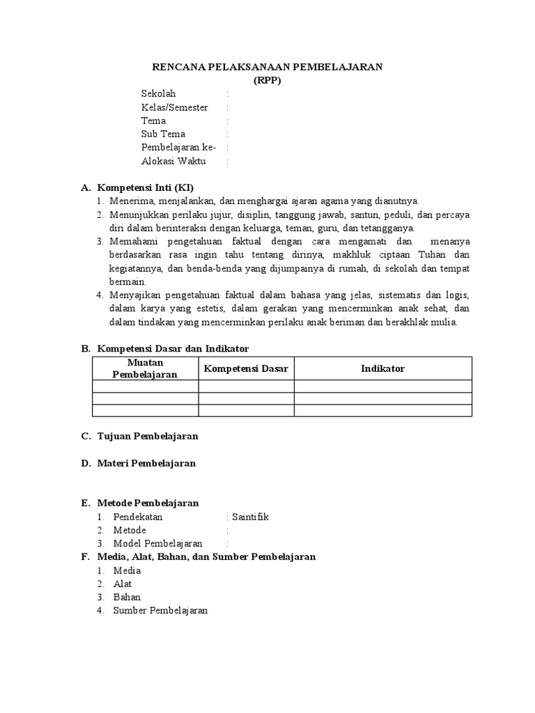 Contoh Format 1 RPP Tematik SD | PDF