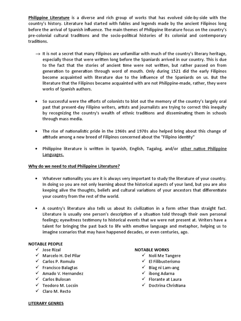 Philippine Literature Is A Diverse and Rich Group of Works That Has ...