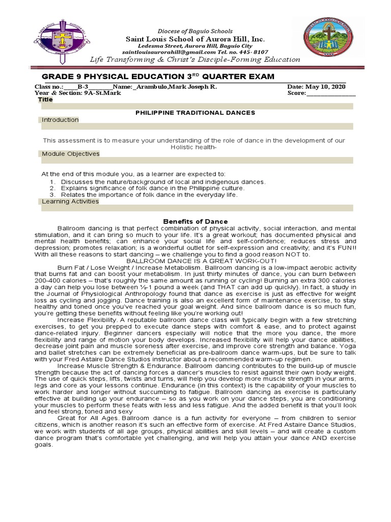 Grade 9 PE: Philippine Folk Dance Exam | PDF | Flexibility (Anatomy ...