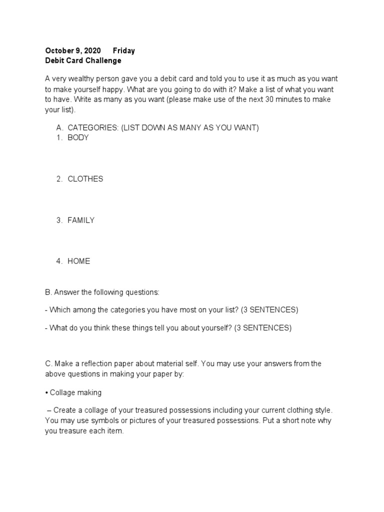 Debit Card Challenge: Self-Reflection Guide | PDF