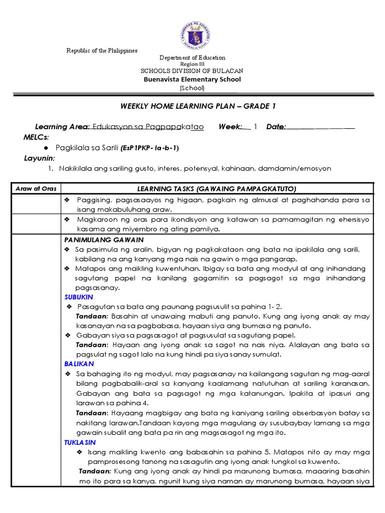 WEEKLY HOME LEARNING PLAN in ESP1 Module 1 5 | PDF