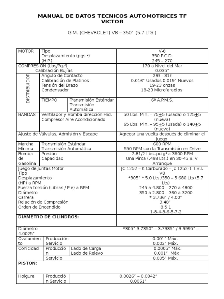 Manual de Datos Tecnicos Automotrices TF Victor | PDF | Tecnología del motor | Motores