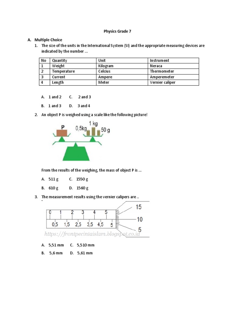 Physics Grade 7 A. Multiple Choice | PDF | Weight | Measurement