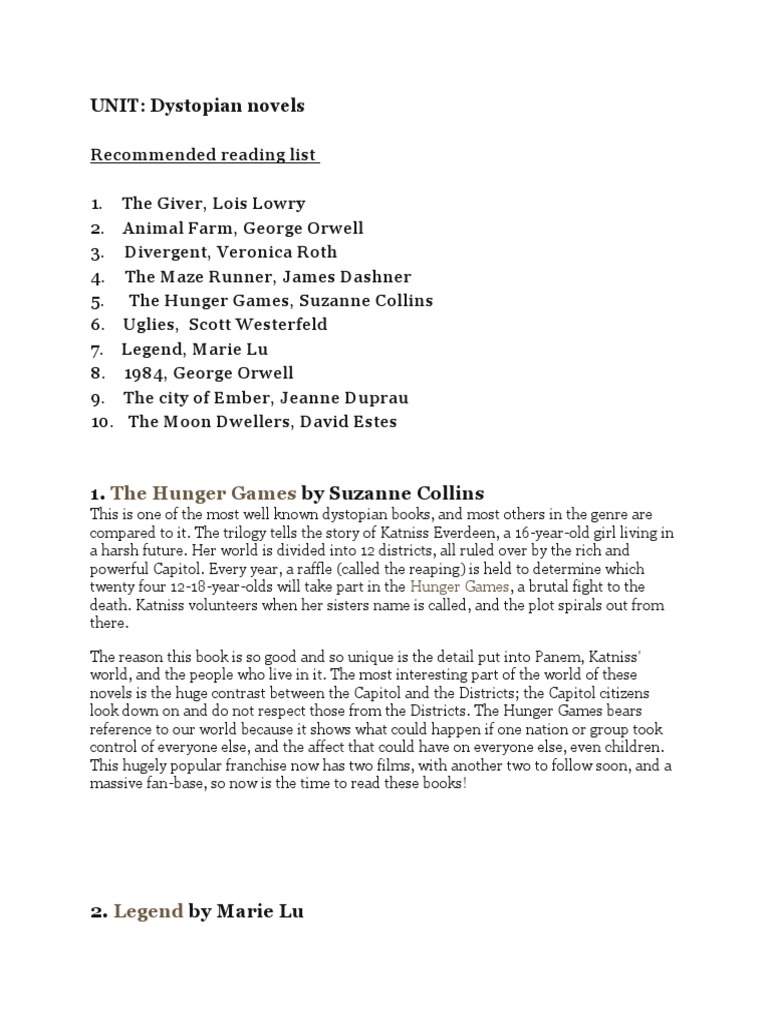 UNIT: Dystopian Novels: The Hunger Games | PDF | Divergent (Novel ...