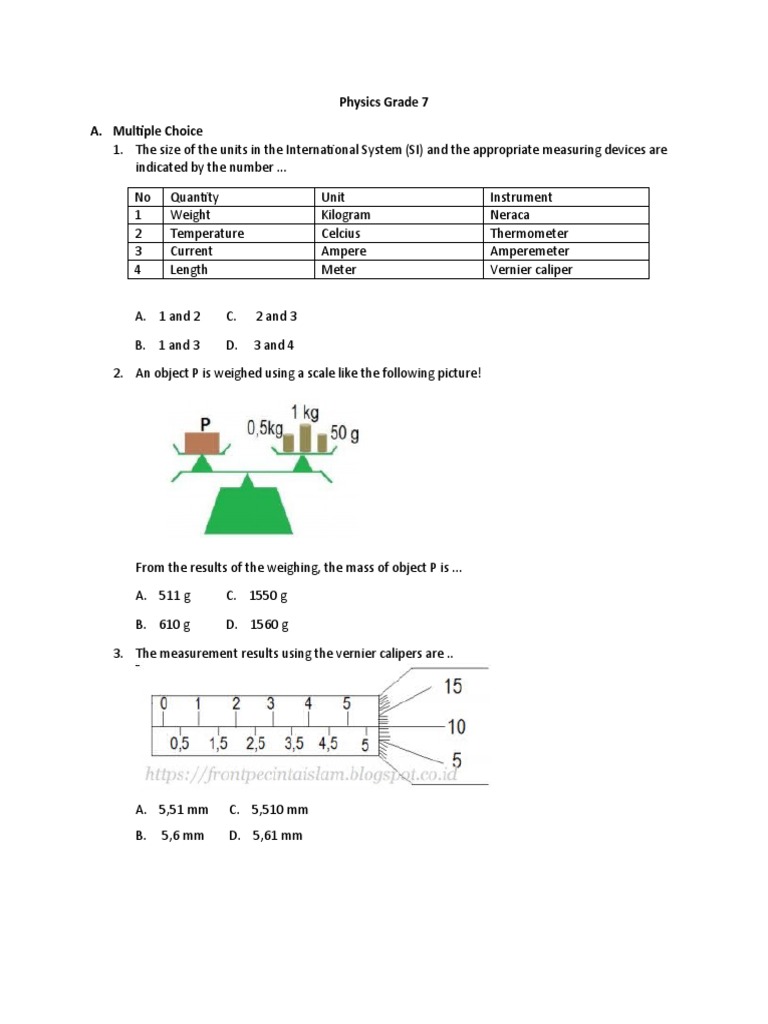 Physics Grade 7 A. Multiple Choice | PDF | Weight | Measurement