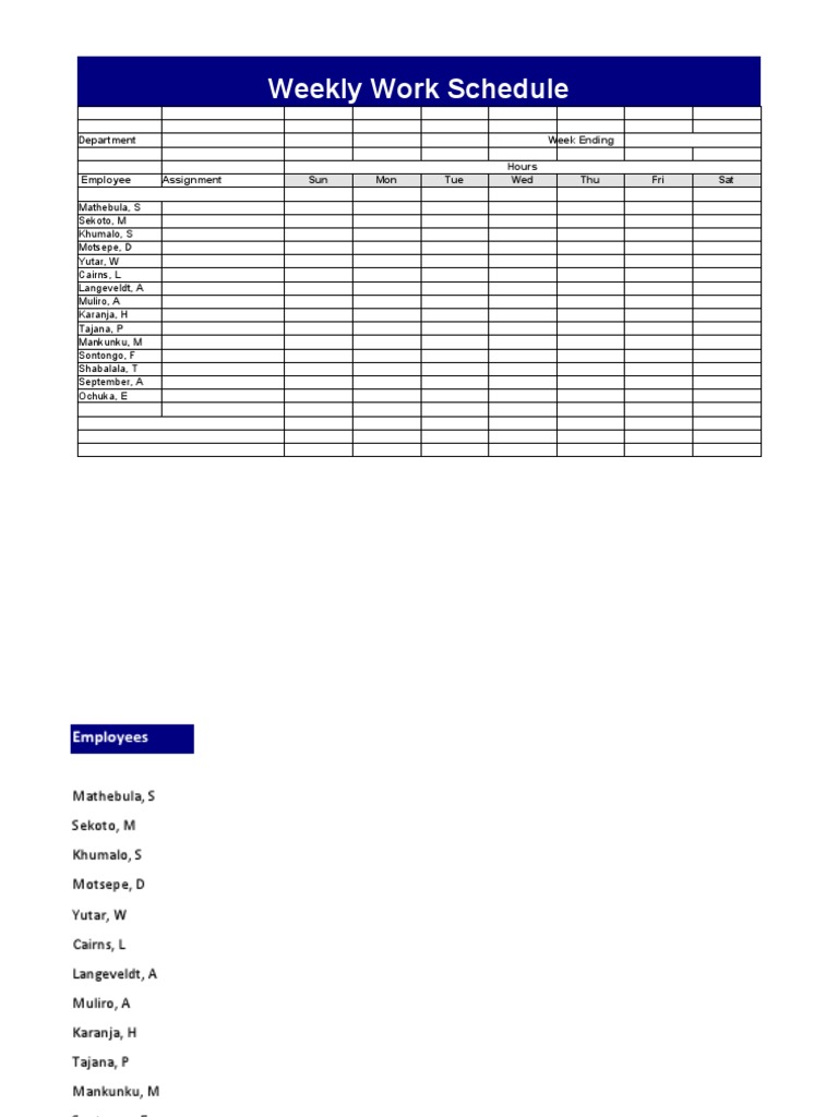 Weekly Work Schedule: Department Week Ending Hours Employee Assignment ...