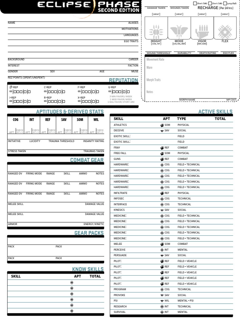 Eclipse Phase 2E Character Sheet | PDF | Leisure | Sports