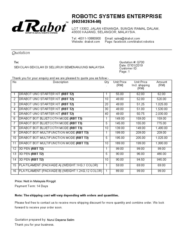 Providing Educational Robotics Solutions: A Quotation and Product ...