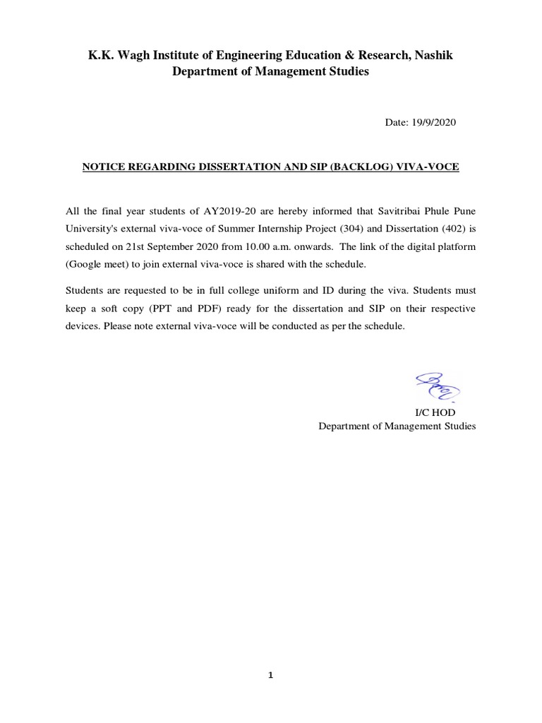 Notice and Schedule - Dissertation & SIP SPPU External Viva - voce-MBA-II AY2019-20 PDF | PDF ...