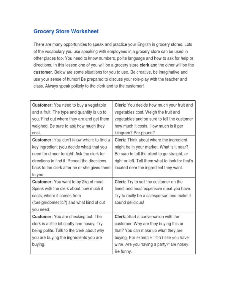 Grocery Store English Role-Play | PDF