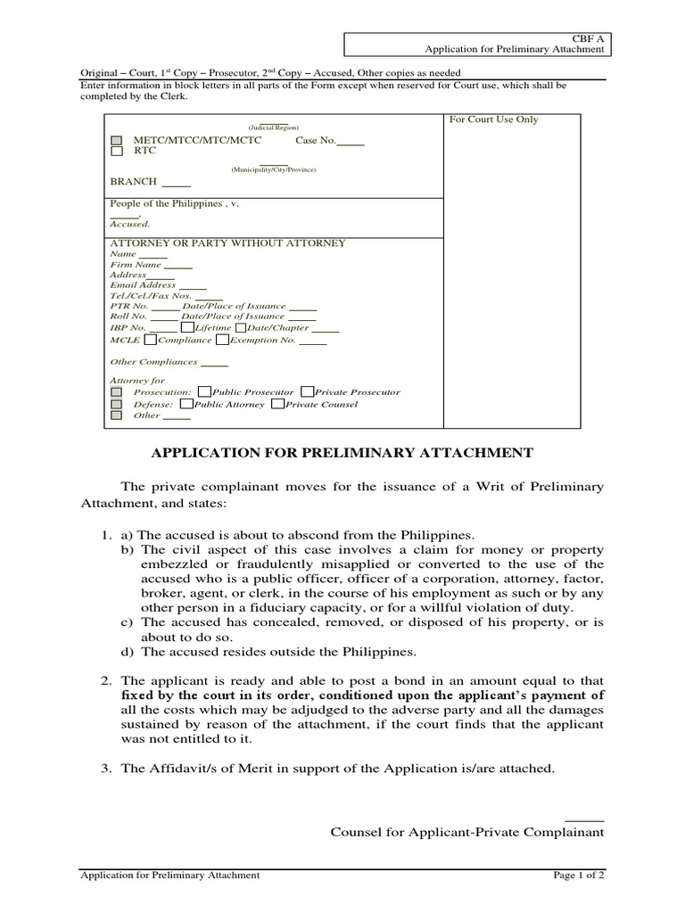 Application For Preliminary Attachment: Metc/Mtcc/Mtc/Mctc Case No. RTC ...
