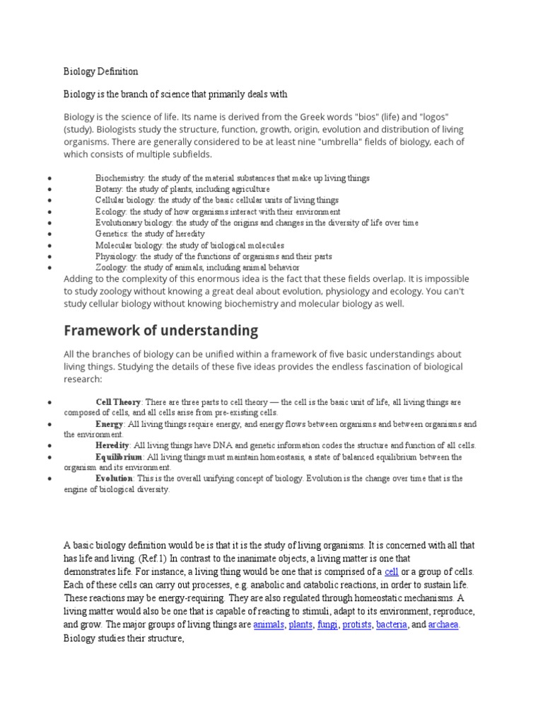 Framework of Understanding | PDF | Biology | Life
