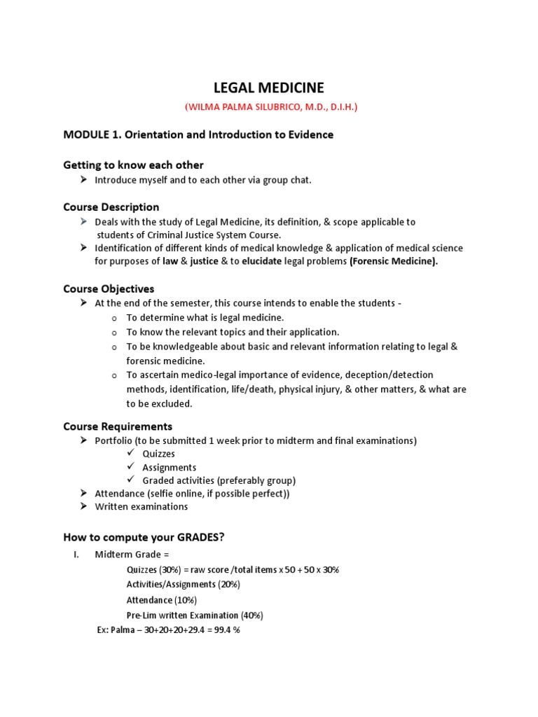 Legal Medicine: MODULE 1. Orientation and Introduction To Evidence ...