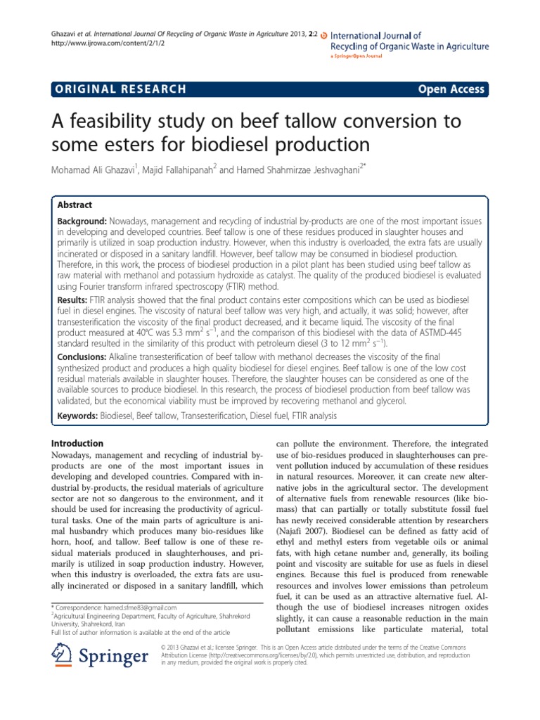 A Feasibility Study On Beef Tallow Conversion To Some Esters For ...