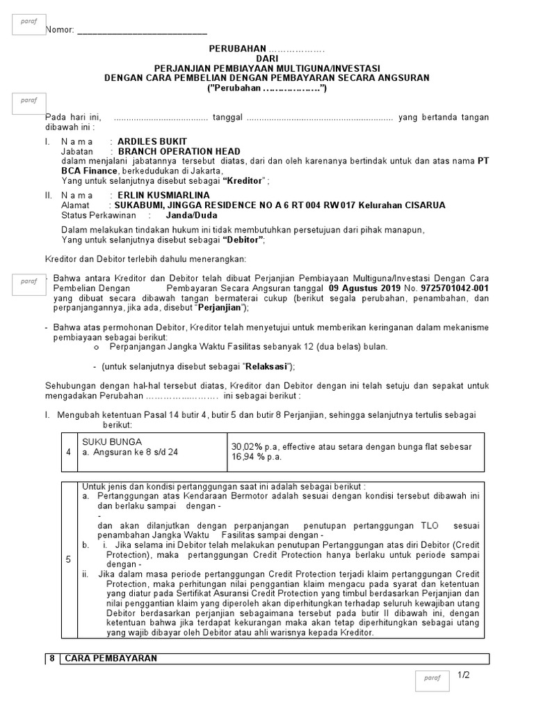PERUBAHAN . Dari Perjanjian Pembiayaan Multiguna/Investasi Dengan Cara Pembelian Dengan ...