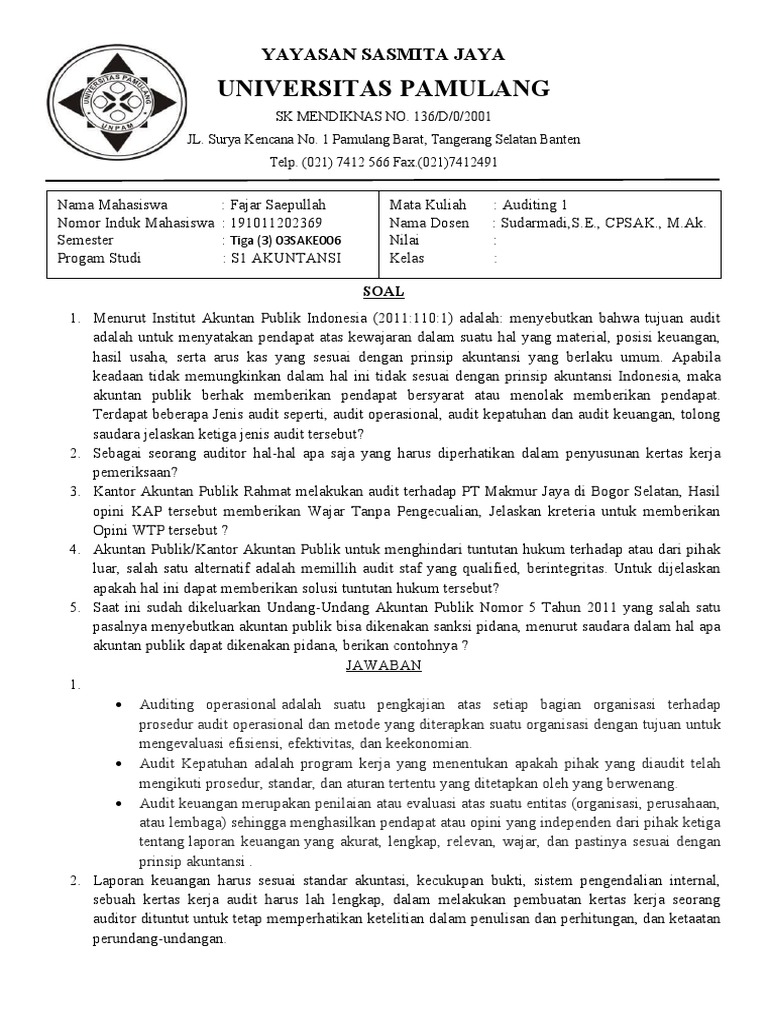Fajar Saepullah 191011202369 Uts Auditing | PDF