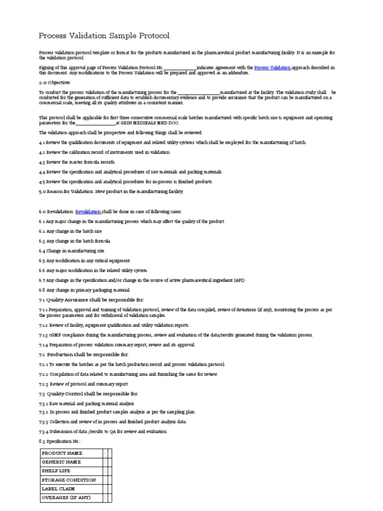 Process Validation Sample Protocol | PDF | Verification And Validation | Specification ...
