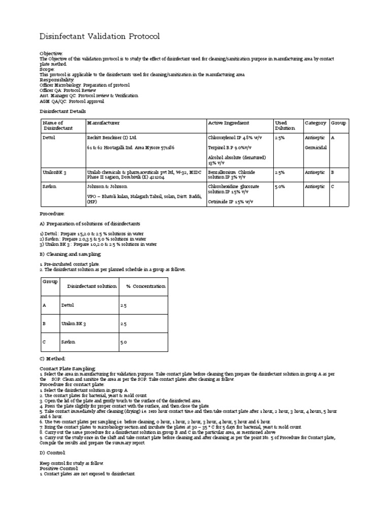 Disinfectant Validation Protocol | PDF | Disinfectant | Colony Forming Unit