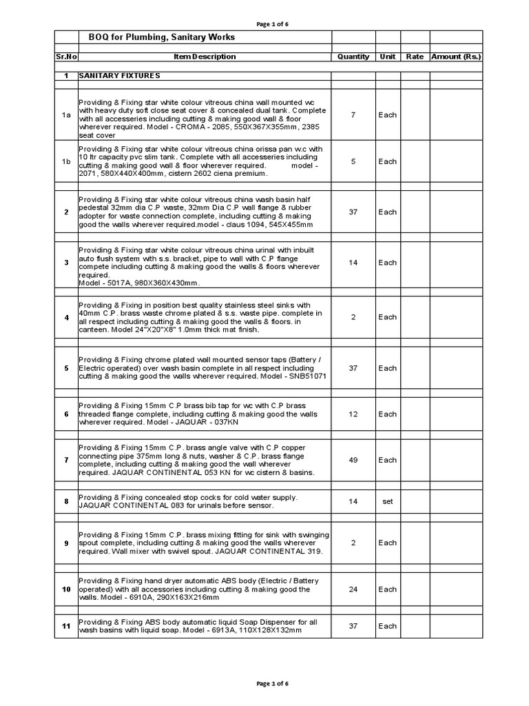 BOQ For Plumbing, Sanitary Works: SR - No Item Description Quantity ...