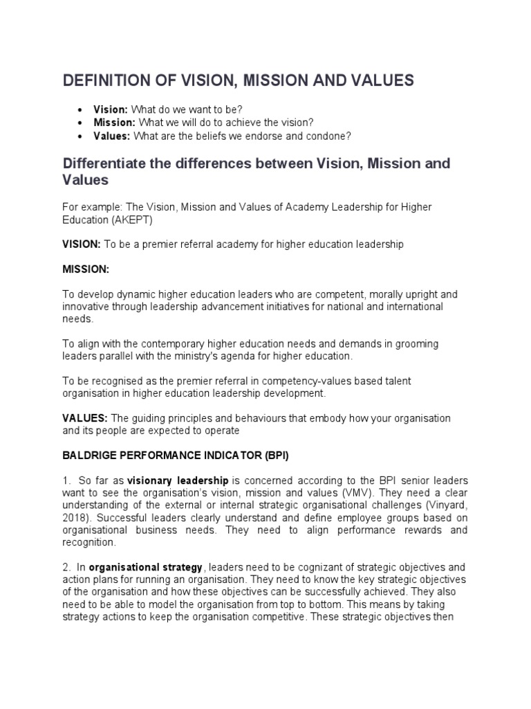 Definition of Vision, Mission and Values | PDF | Leadership | Supply Chain