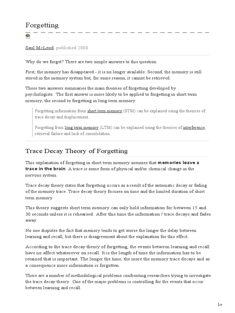 Forgetting: Trace Decay Theory of Forgetting | PDF | Recall (Memory) | Memory