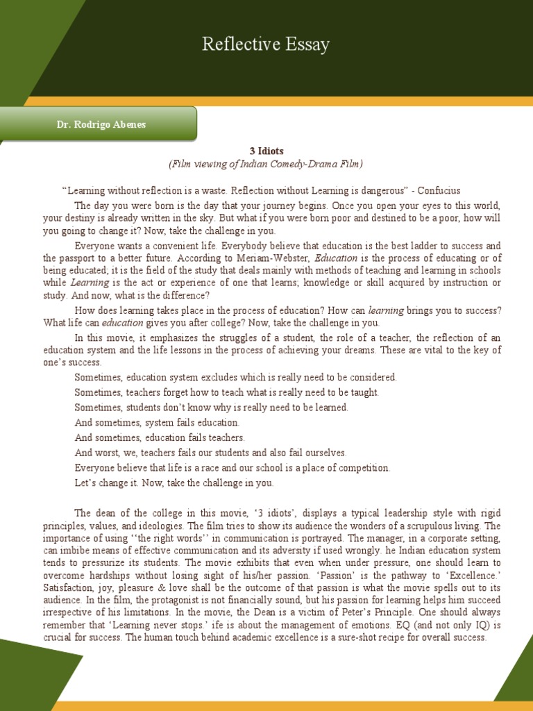 Reflective Essay 3idiots Margin, A. O. | PDF | Teachers | Learning