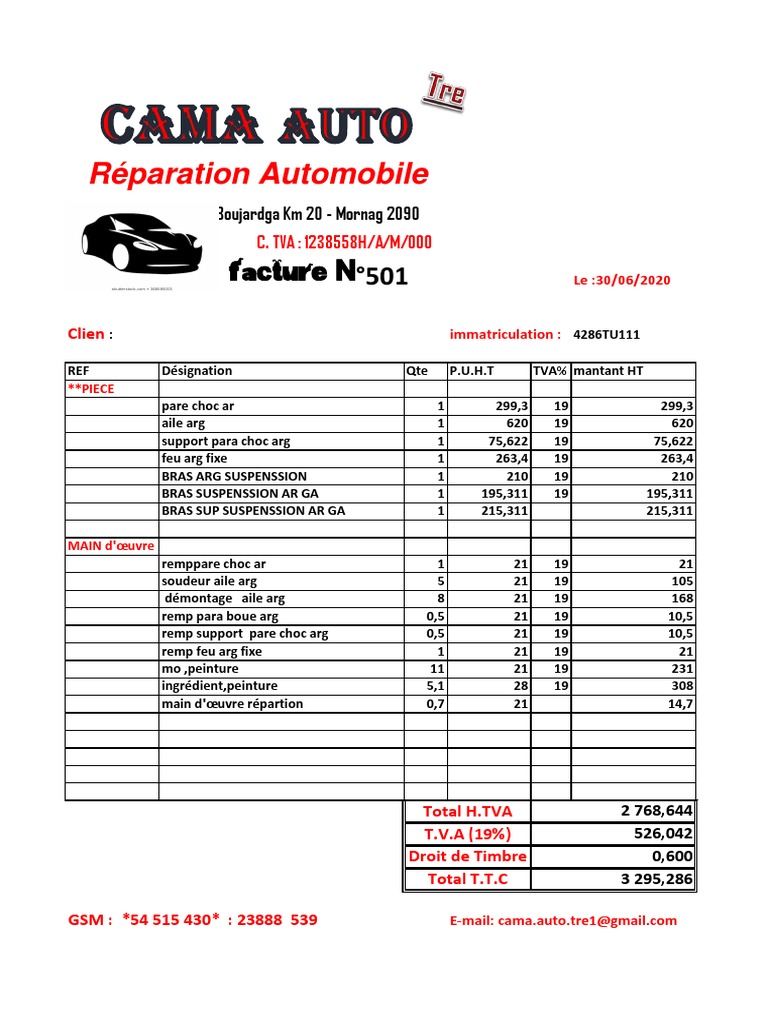 Modèle De Facture De Carrosserie