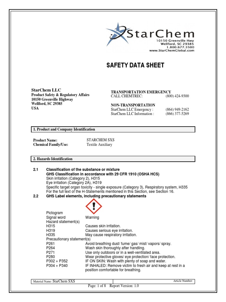 Safety Data Sheet: Starchem LLC | PDF | Toxicity | Working Conditions