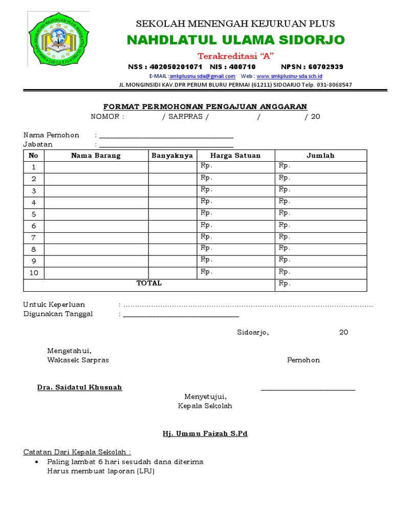 Format Pengajuan Anggaran Sarpras Sekolah | PDF