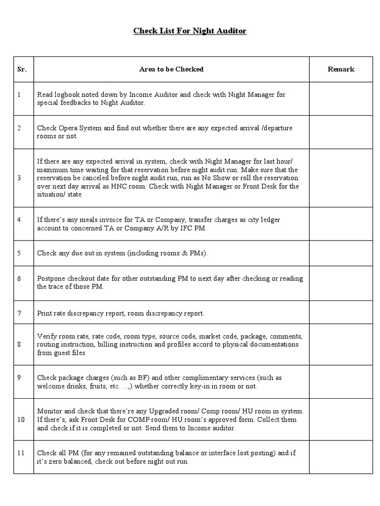 Night Auditor Checklist for Operations | PDF | Service Industries ...