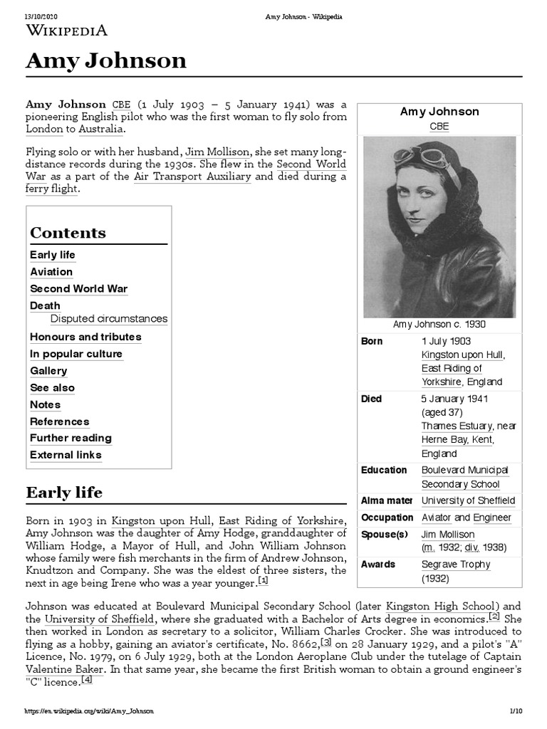 Amy Johnson - Wikipedia | PDF | Aviation