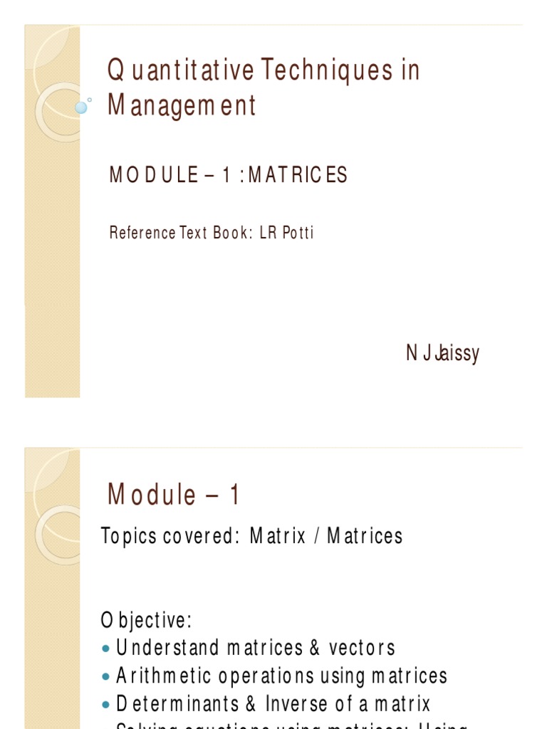 Quantitative Techniques in Management: Module - 1: Matrices | PDF | Determinant | Matrix ...