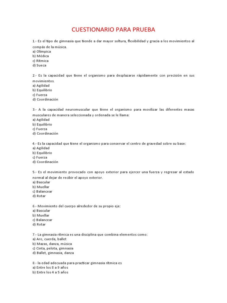 Cuestionario para Prueba | PDF | Gimnasia | Bailes