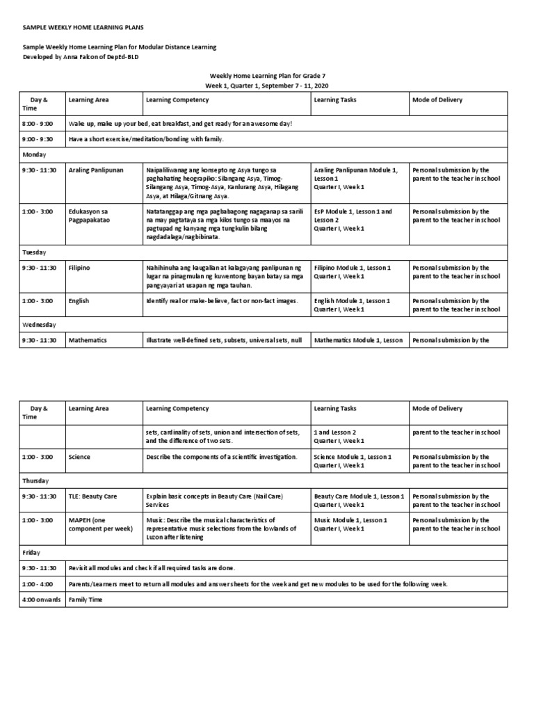 Sample Weekly Home Learning Plans | Download Free PDF | Pedagogy ...