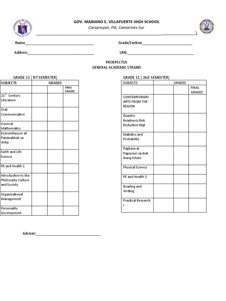 Prospectus for General Academic Strand Curriculum at Gov. Mariano E ...