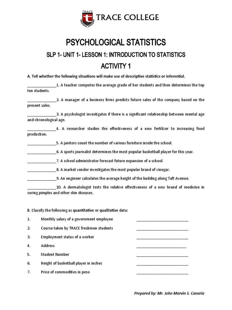 SLP 1 - Unit 1 - Lesson 1 - Activity 1 (Psychological Statistics) | PDF ...