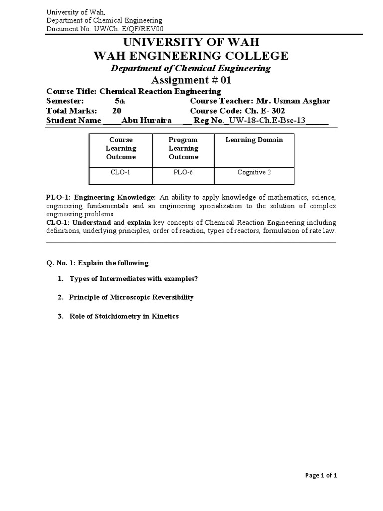 University of Wah Wah Engineering College: Assignment # 01 | PDF