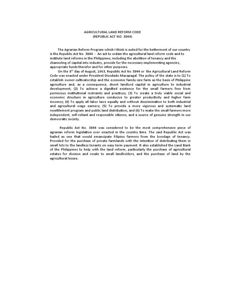 Agricultural Land Reform Code Summary | PDF