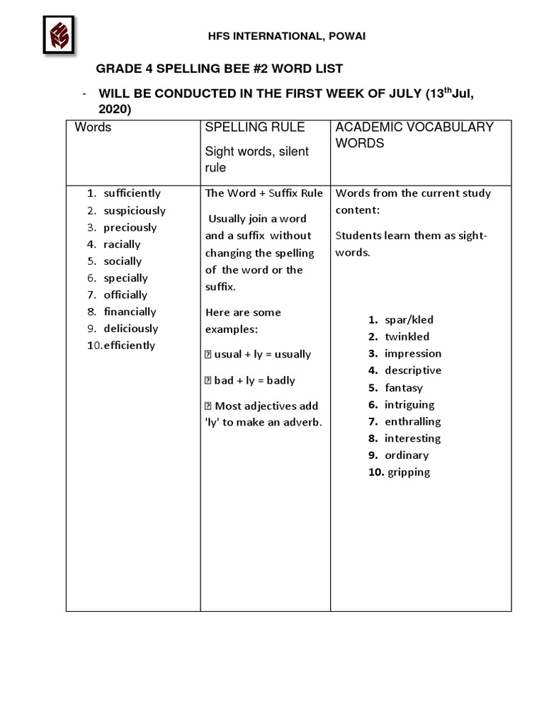 Grade 4 Spelling Bee #2 Word List Jul, 2020) : Hfs International, Powai ...