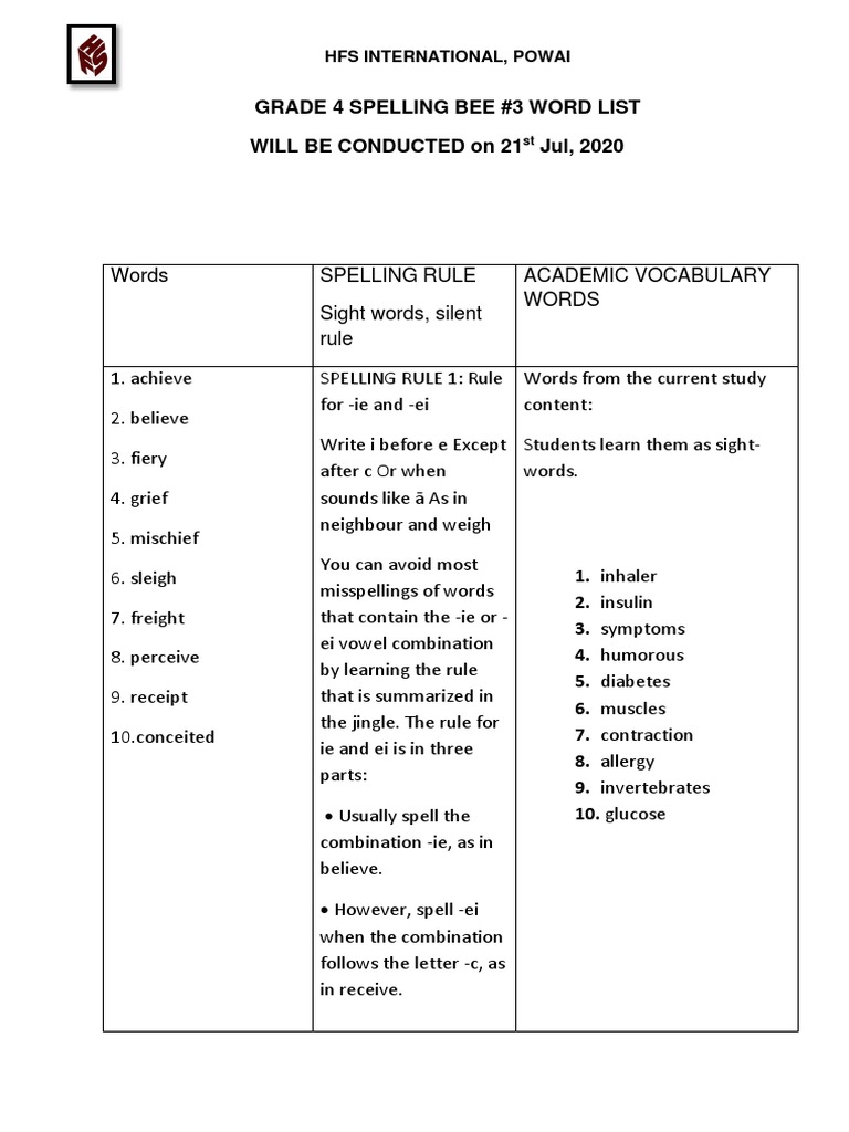 Grade 4 Spelling Bee #3 Word List Will Be Conducted On 21 Jul, 2020 | PDF